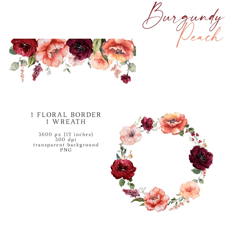 Peach Burgundy Floral Frames Clipart Watercolor Fall Flowers Clip Art ...