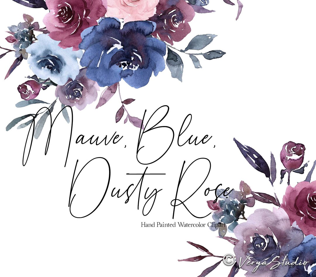 Mauve Blue Watercolor Floral Clipart Flowers Clip Art Dusty Rose Pink ...