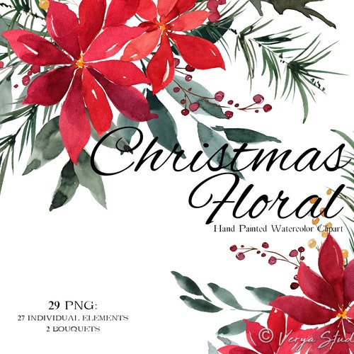 Christmas Watercolor Clipart Christmas Floral Poinsettia - Etsy