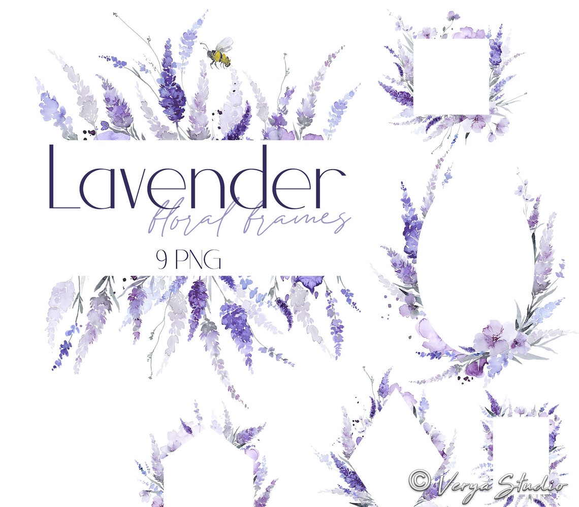 Lavender Frames Watercolor Floral Clipart Botanical Purple Violet Lilac ...