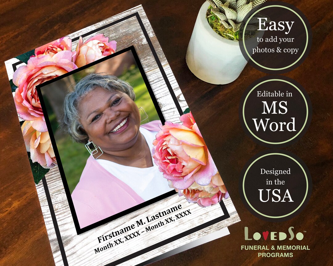 Pink Funeral Program Template for Woman or Man, Rose Funeral Program ...
