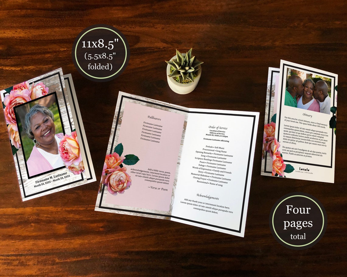 Pink Funeral Program Template for Woman or Man Rose Funeral - Etsy