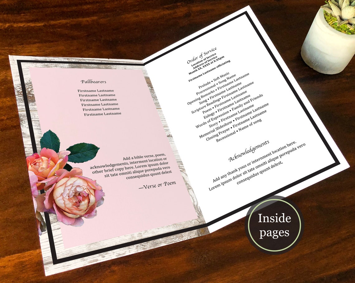 Pink Funeral Program Template for Woman or Man, Rose Funeral Program ...