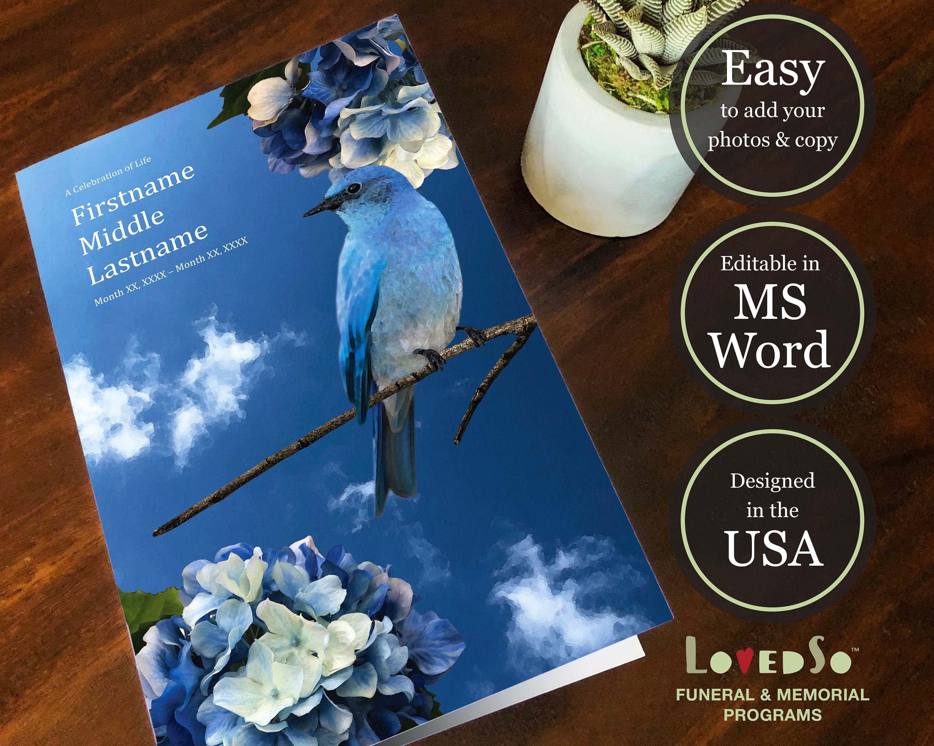 Blue Bird Funeral Program Template for Woman or Man Celebration of Life ...