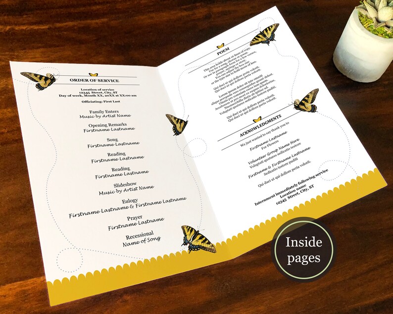 Yellow Funeral Program Template for Woman or Man Celebration of Life ...