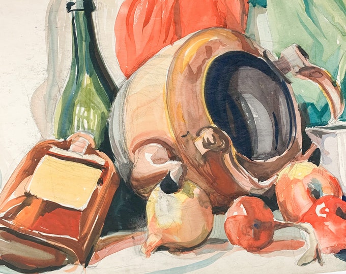Vintage Impressionist Watercolor Painting Still Life Copper Jug Fruit ...