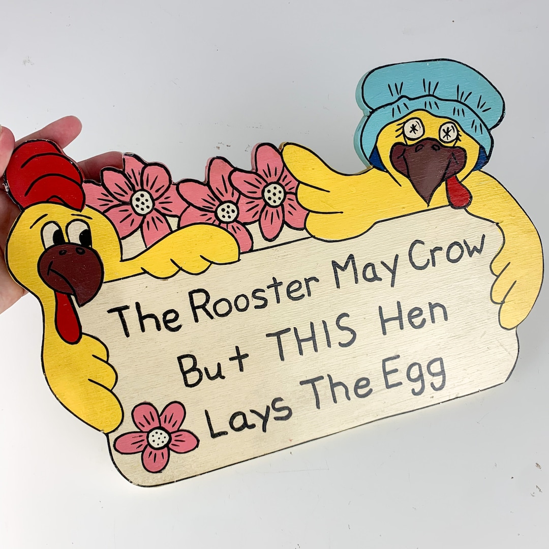 Vintage Hand Painted Wooden Folk Art Funny Sign Rooster Crows Hen Lays ...