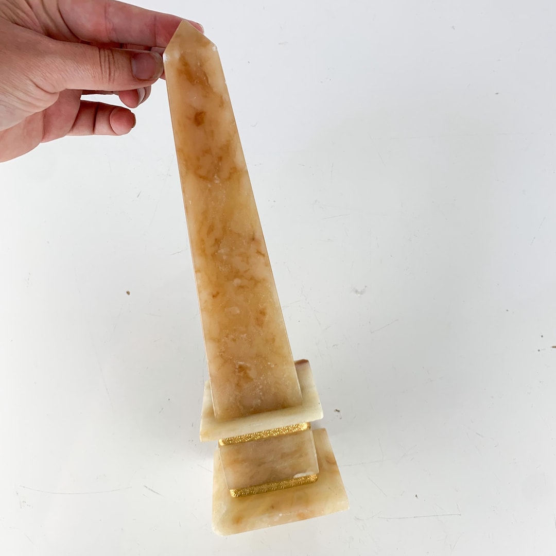 Vintage Egyptian Alabaster Stone Obelisk Hand Carved Gold Trim ...