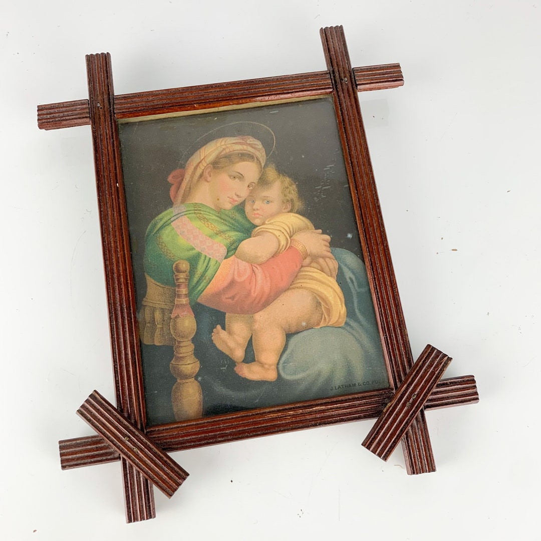 Vintage Madonna Della Seggiola Raphael Print Tramp Art Frame Mary Jesus ...