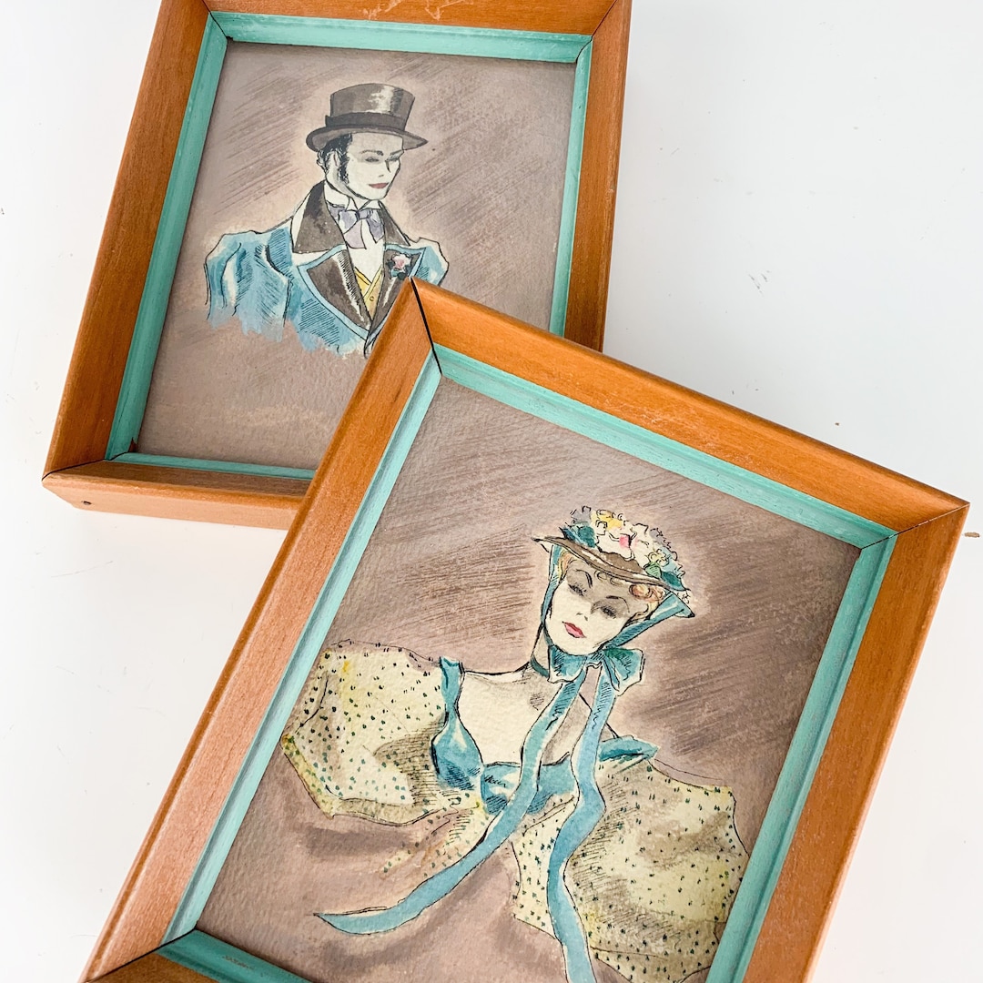 Vintage Watercolor Painting Pair Lady Dandy Man Period Dress Signed ...