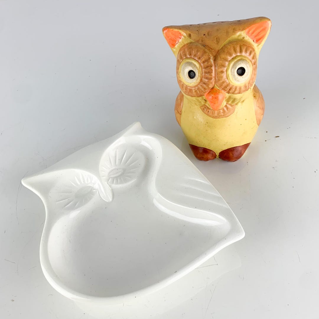 Vintage Owl Pair Coin Bank White Trinket Dish Kitschy Halloween Holiday ...