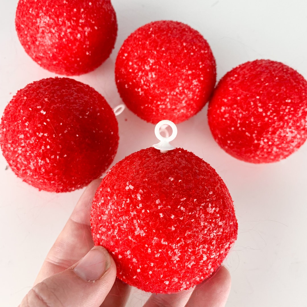 5 Vintage Red Sparkle Glitter Snowball Christmas Ornaments Unbreakable ...