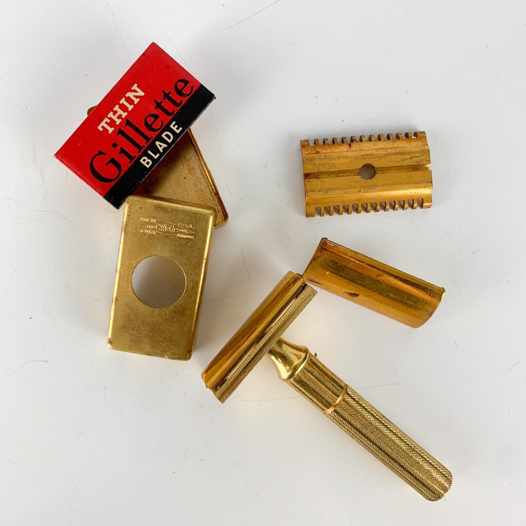 Vintage Gillette Gold Tone Safety Razor Made in USA Blade Case Barber ...