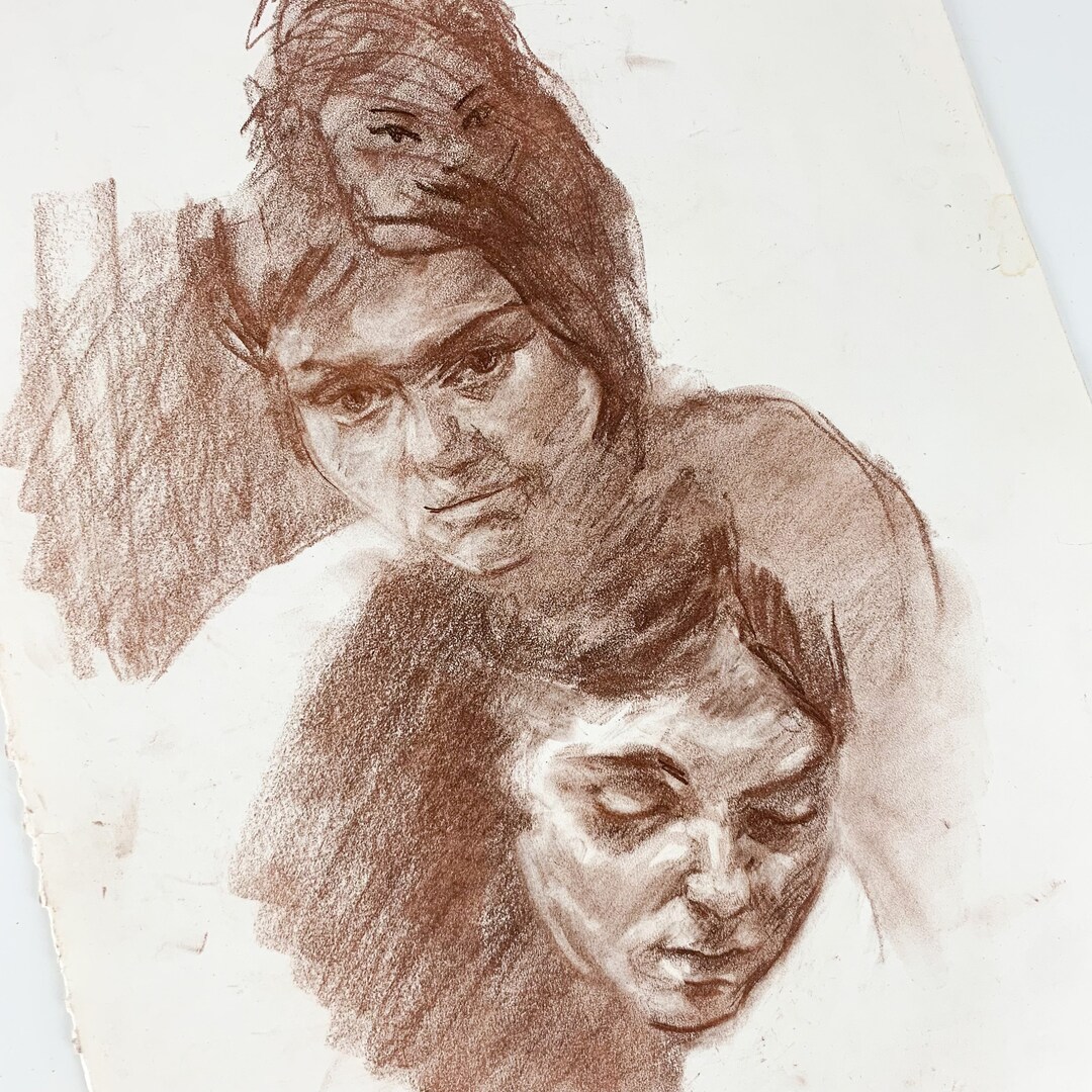 Vintage Charcoal Portrait Drawing Original Art Judy Horowitz Mid ...