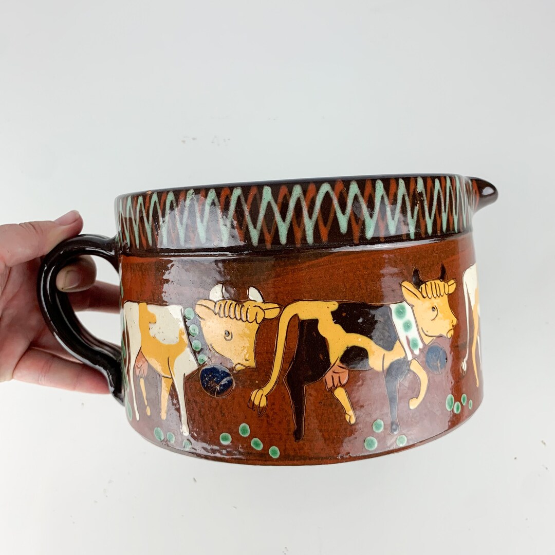 Vintage Folk Art Cows Red Clay Pottery Batter Bowl Dish Scandinavian ...