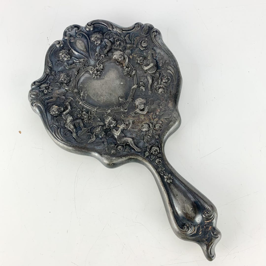 Vintage Art Nouveau Angels Heart Metal Hand Mirror Silver Tone ...