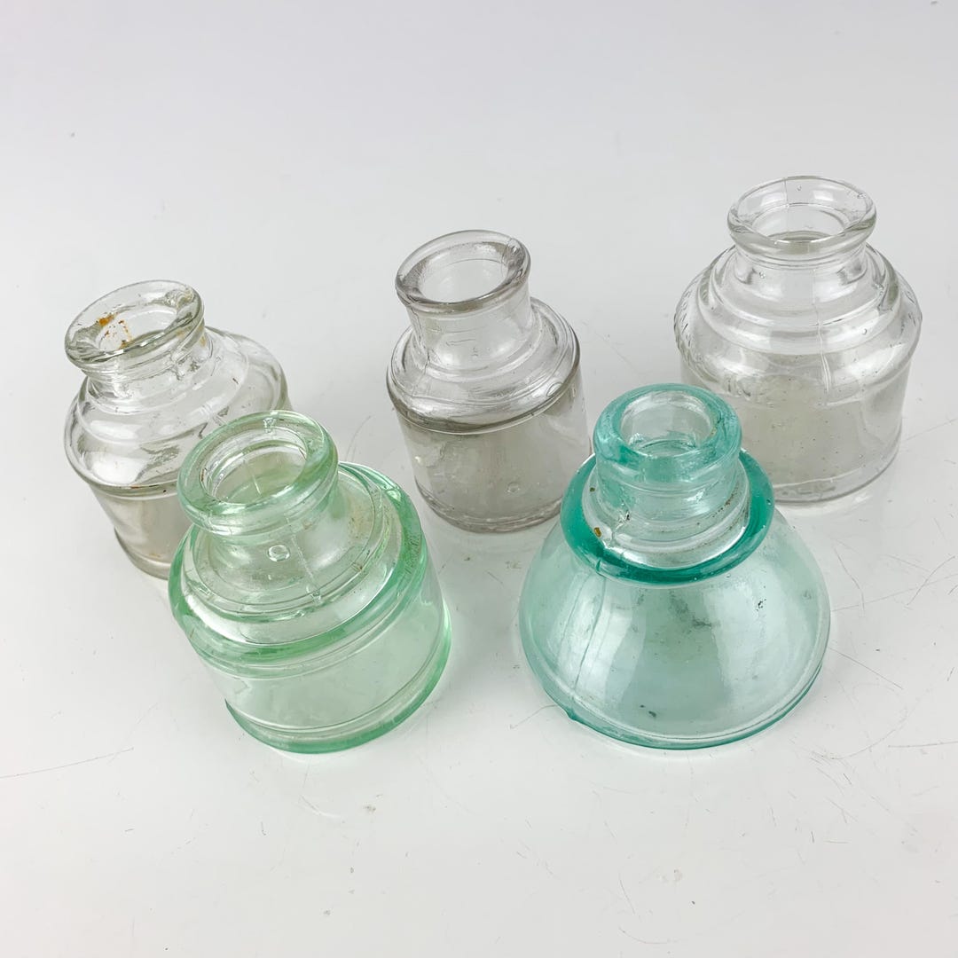 Antique Vintage Glass Ink Well Bottles Aqua Clear Blue Lot of 5 ...
