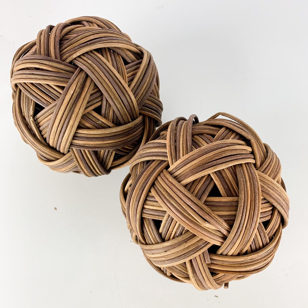 Vintage Pair Woven Rattan Basket Style Sphere Ball Wicker Decorative ...
