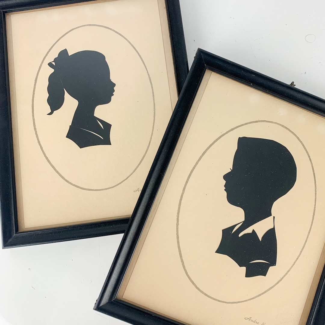 Vintage Cut Paper Shadow Art Silhouette Brother Sister Pair Framed ...