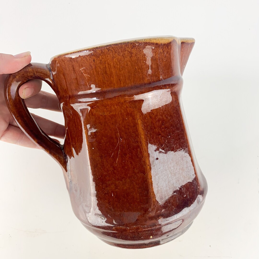 Vintage Pottery Pitcher Farmhouse Decor Bennington Style Brown Glaze ...