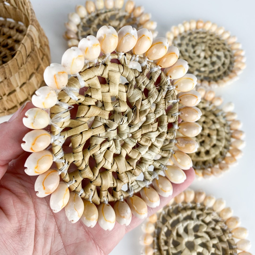 6 Vintage Boho Cowrie Shell Rafia Woven Coasters With Basket Nautical ...