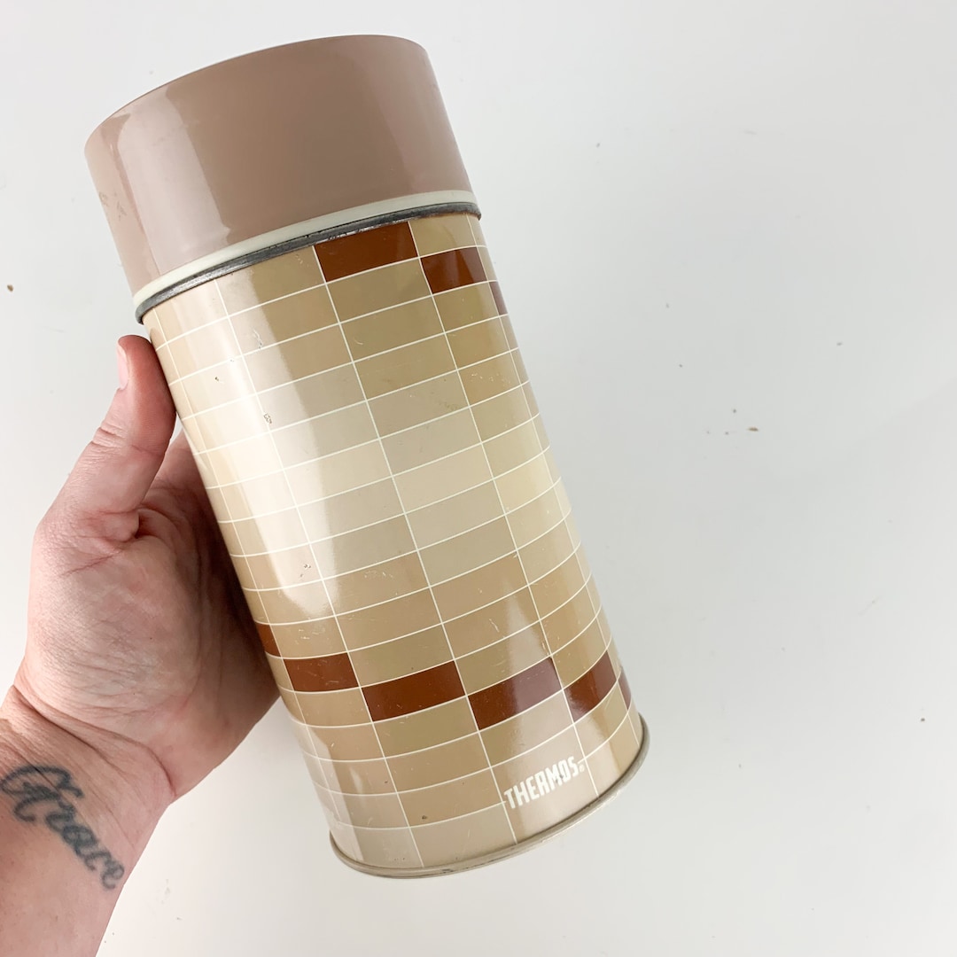 Vintage Thermos 70’s Brown Tan Rectangle Pattern Cottage Cabin Retro ...