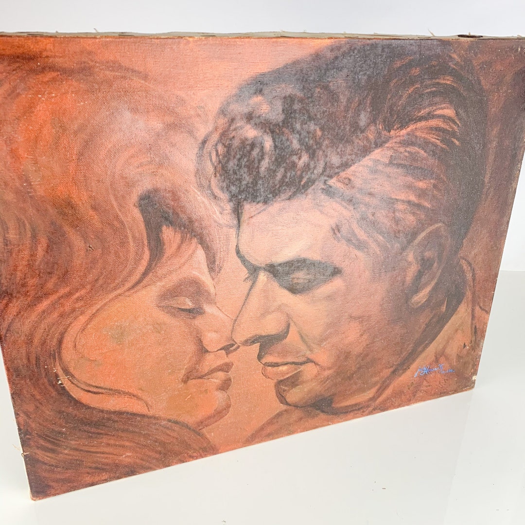 Vintage Mid Century Original Man Woman Kiss Portrait Canvas Painting ...
