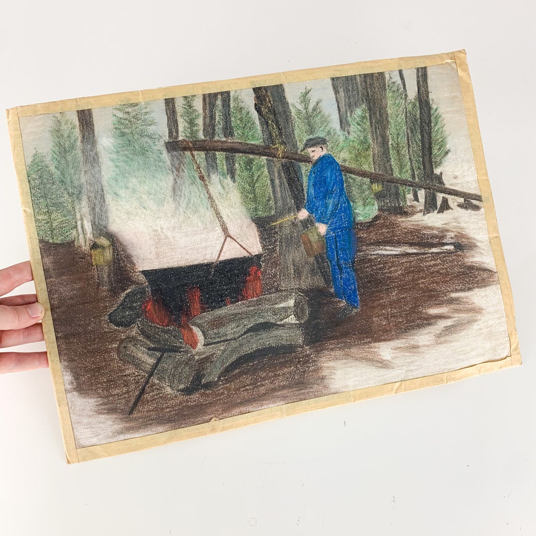 Vintage Original Art Boiling Sap Maple Syrup Vermont Pastel Painting ...