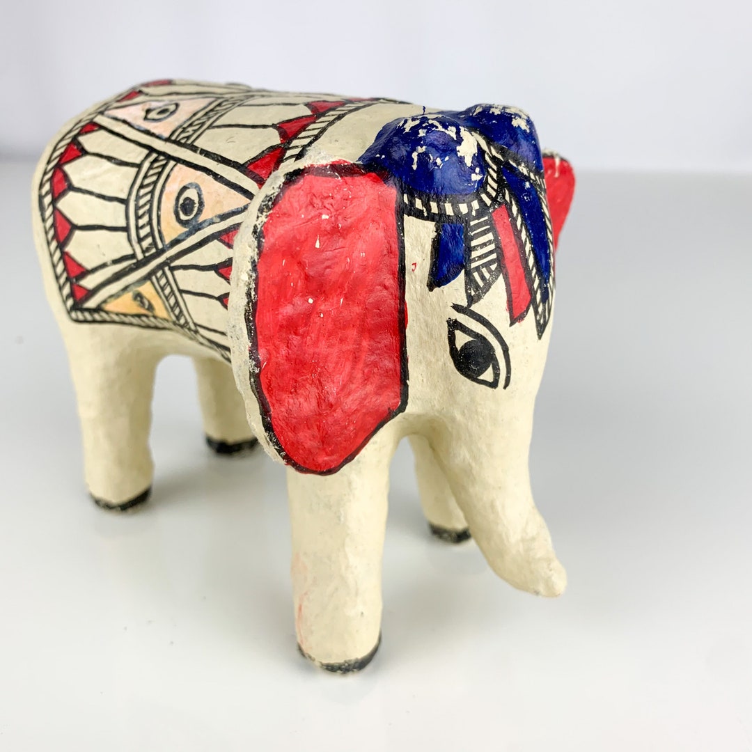 Vintage Hand Painted Paper Mache Elephant Folk Art Figure Madhubani ...