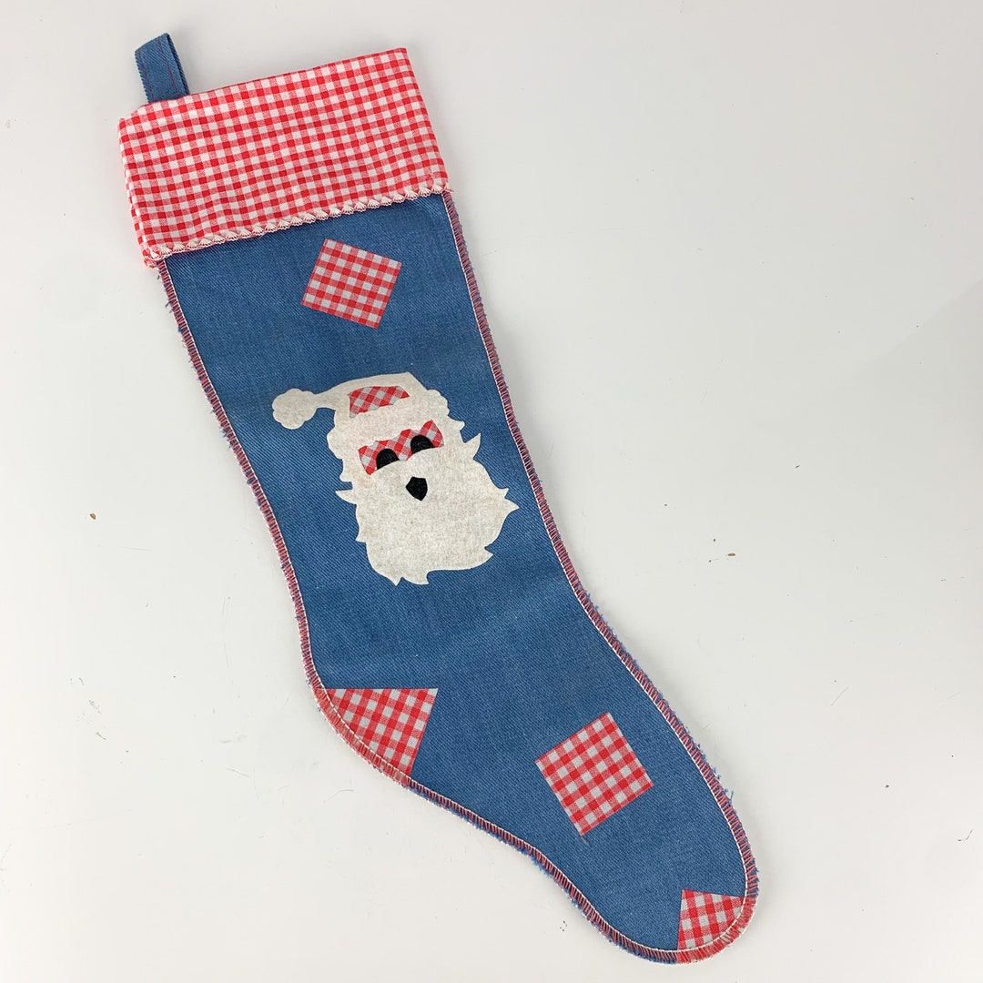 Vintage Calico Gingham Denim Cloth Felt Santa Claus Christmas Stocking ...
