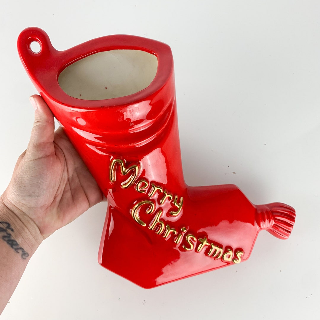 Vintage Handmade Ceramic Merry Christmas Stocking Wall Hanging Planter ...