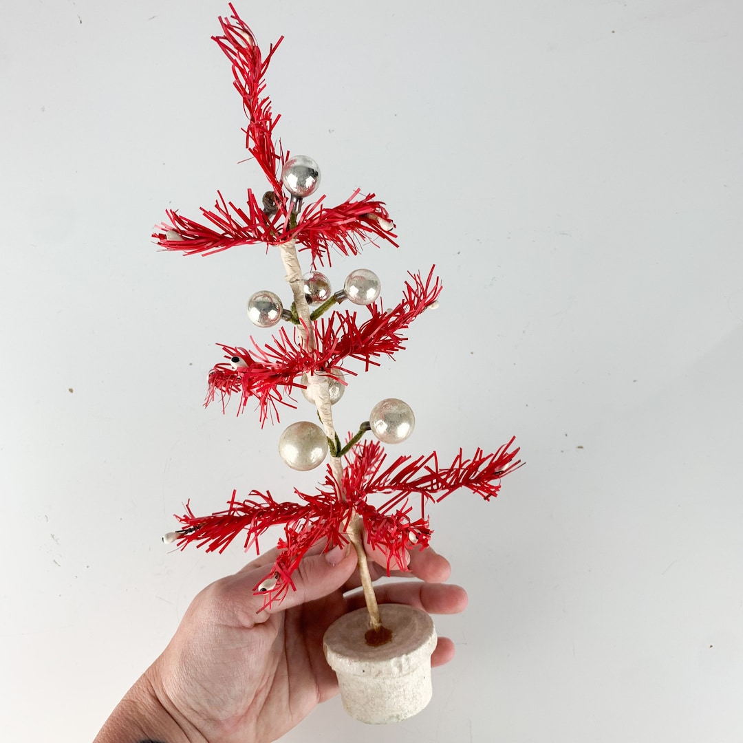 Vintage Miniature Feather Like Tree Mercury Glass Balls Wood Base ...