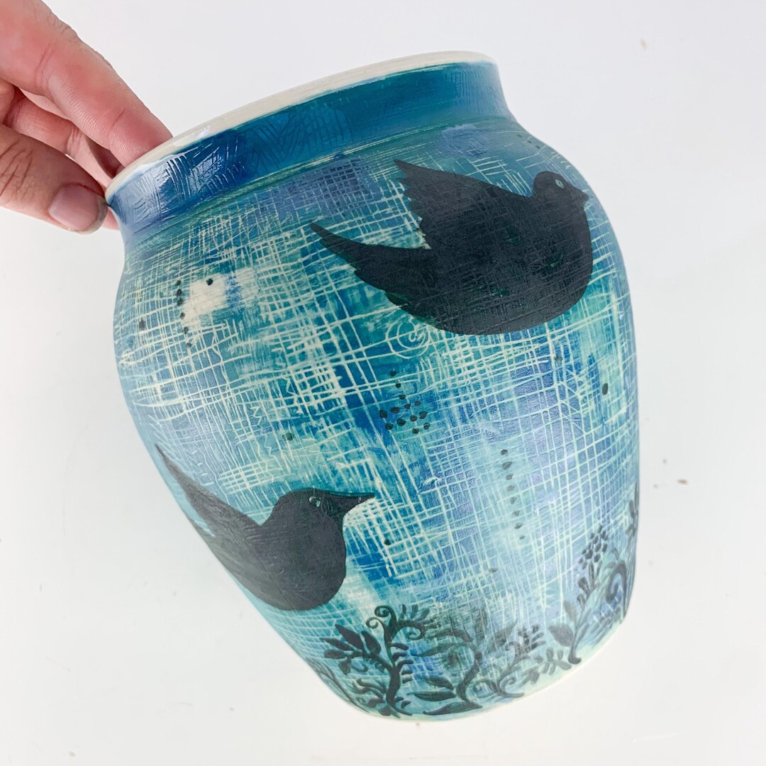 Randi Kish Art Pottery Studio Sculpture Vase Birds Multicolor Blue ...