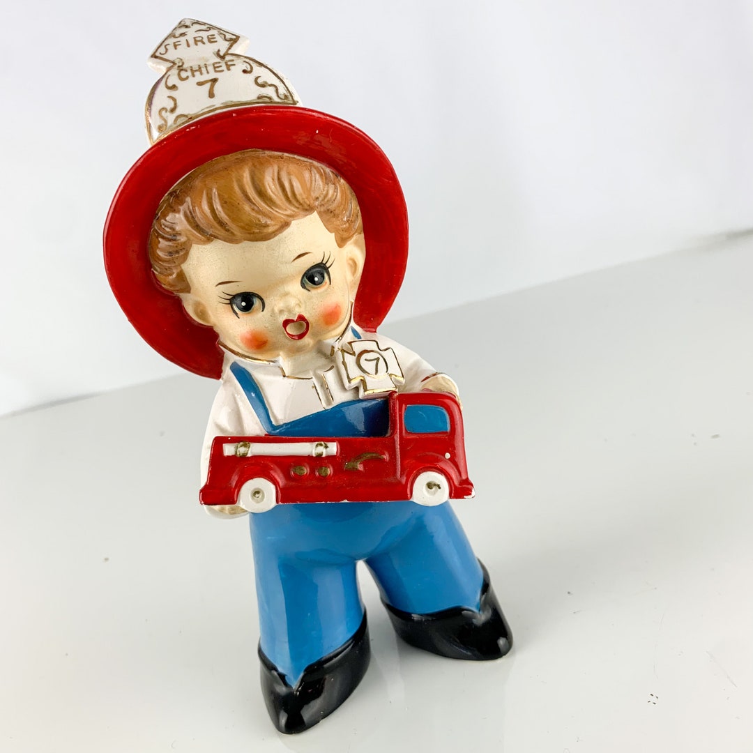 Rare Vintage Relpo Ceramic Fire Chief Little Boy Fire Truck Figurine ...