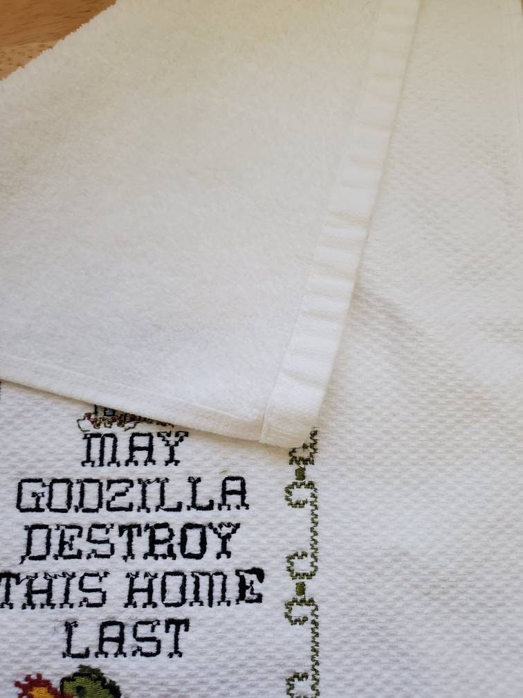 May Godzilla Destroy this Home Last embroidered kitchen towel | Etsy