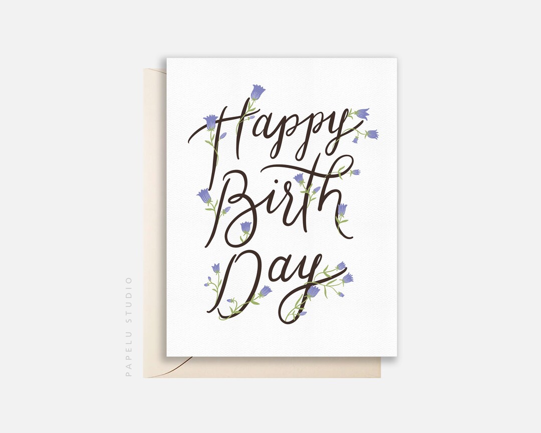 Floral Happy Birthday Card | Purple Flowers Script Lettering | Birthday ...