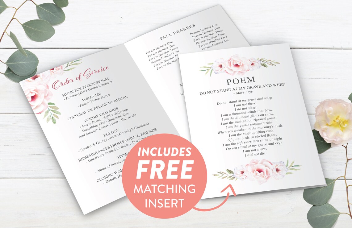 Pink Roses - Funeral Program Template - Funeral Service Sheet ...