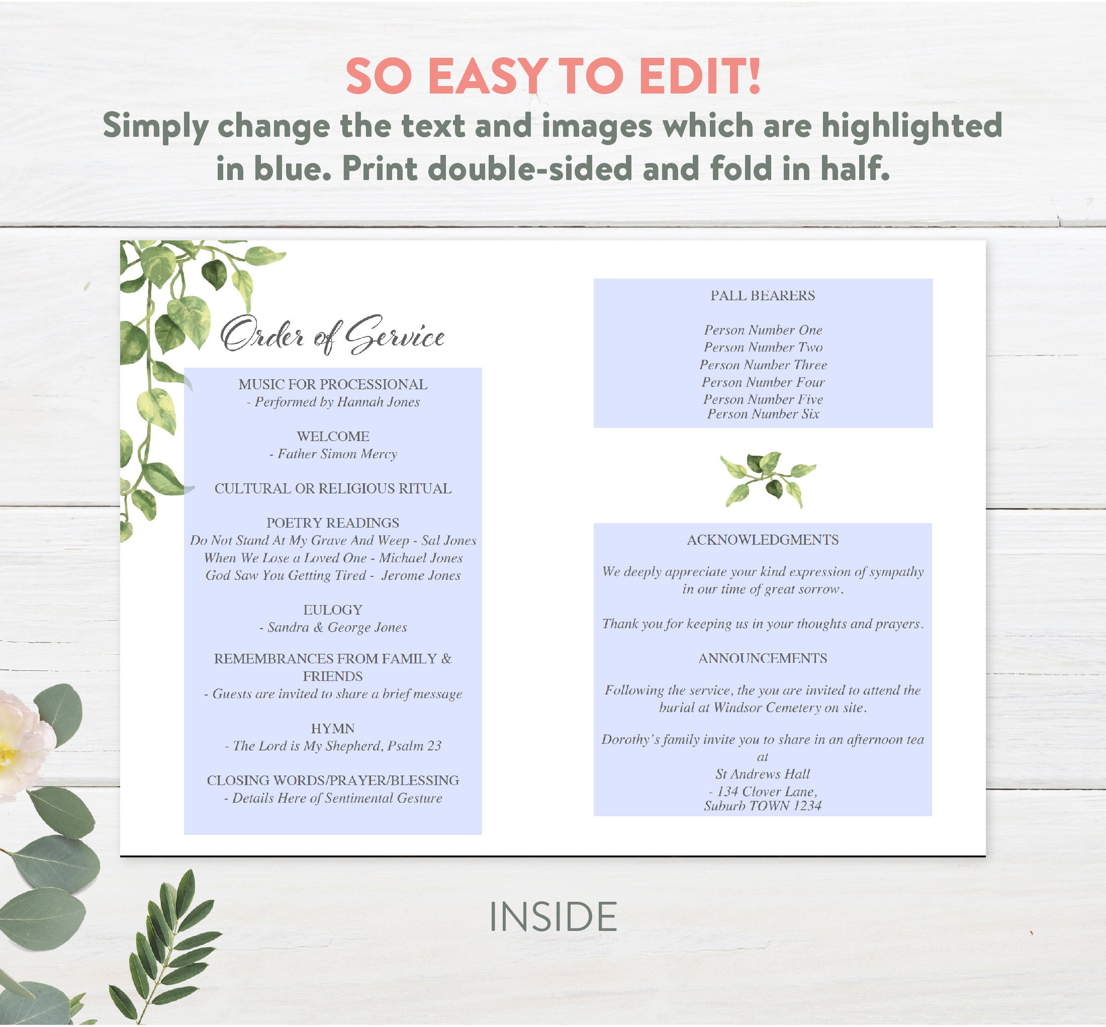 Garden - Funeral Program Template - Funeral Service Sheet - Printable ...