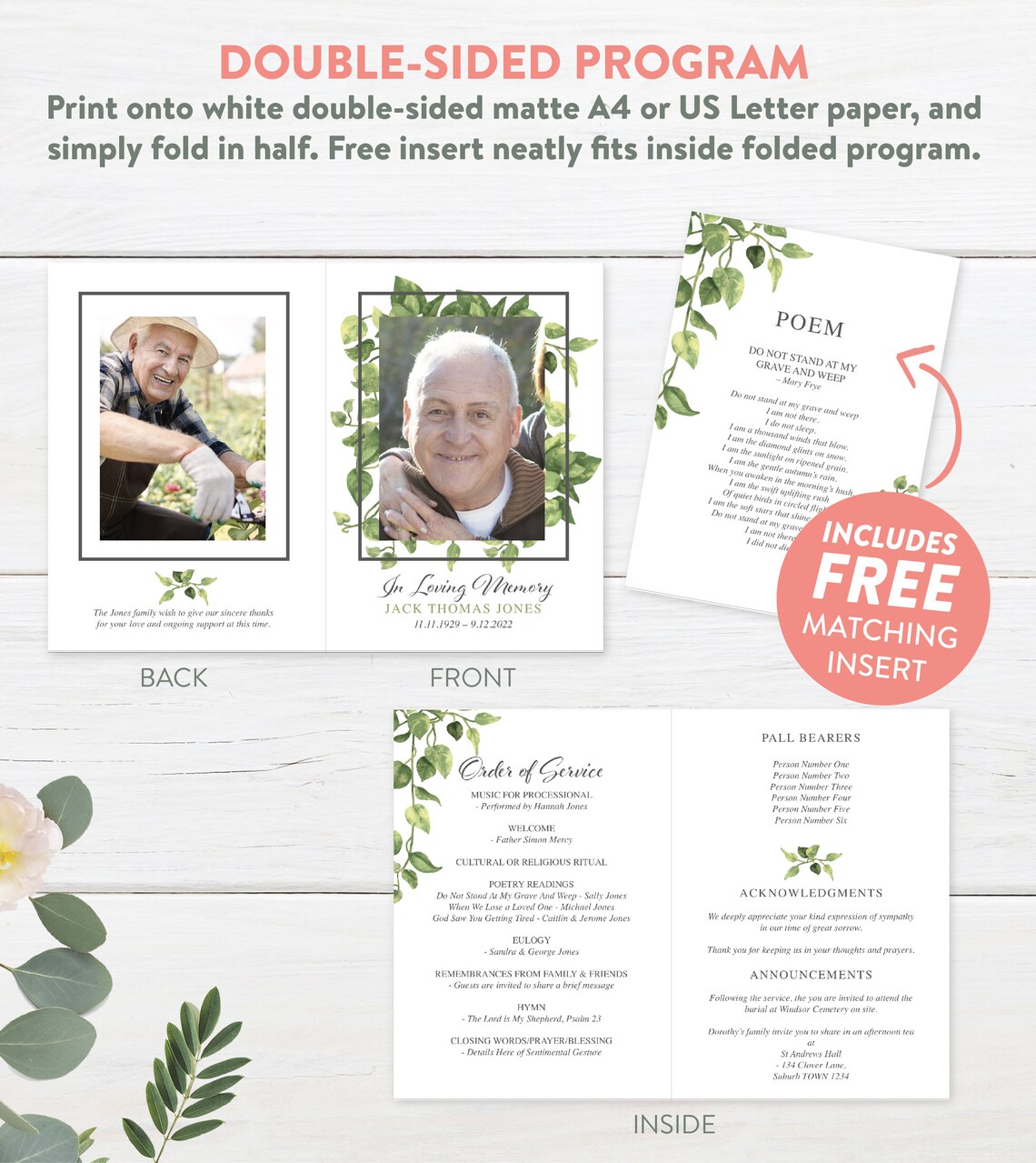 Garden - Funeral Program Template - Funeral Service Sheet - Printable ...