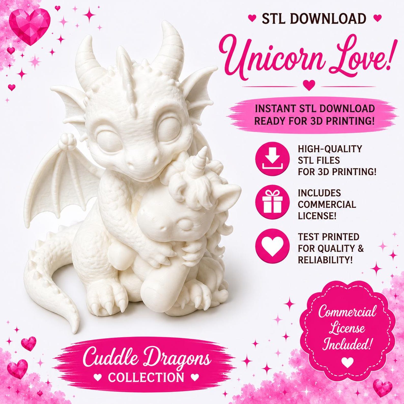 Unicorn Love Dragon STL File | Adorable Cuddle Companion (commercial ...