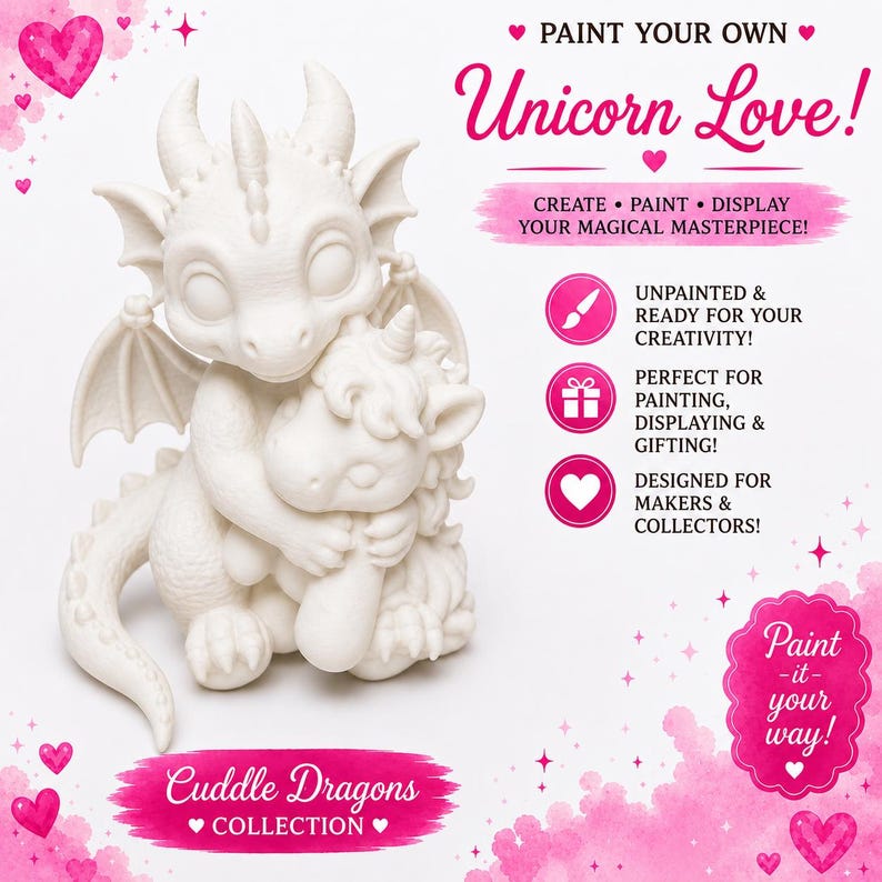 Unicorn Love Dragon Figurine | Unpainted 3D Printed Model, Fantasy Art ...