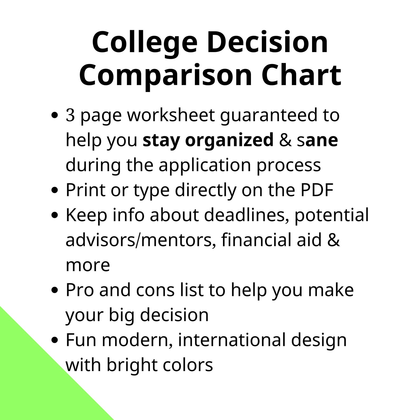 College Decision Comparison Chart Worksheet Instant Download Printable ...