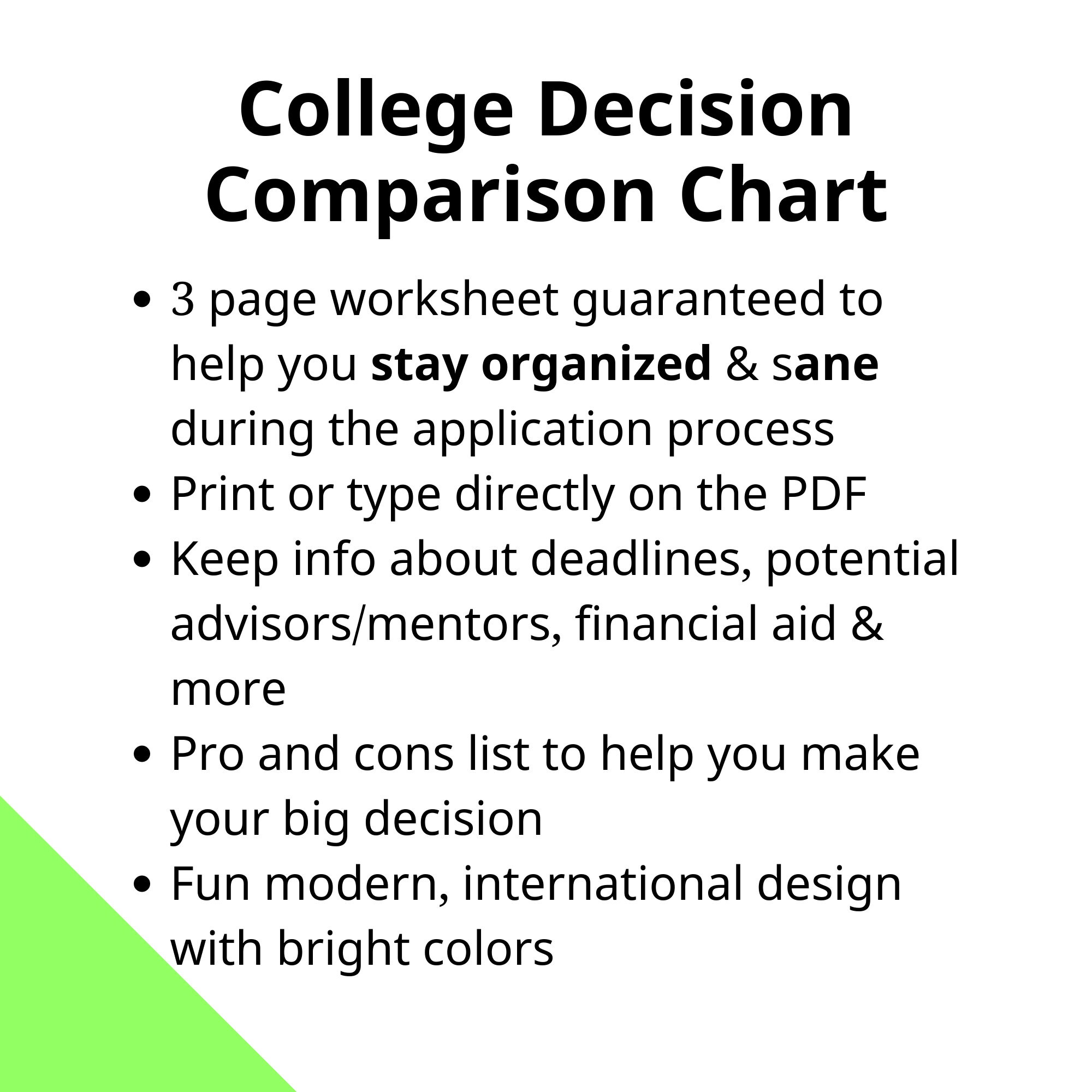 College Decision Comparison Chart Worksheet Instant Download Printable ...