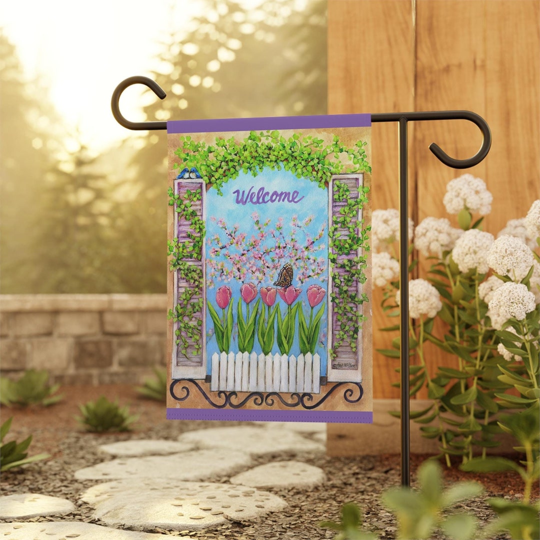 Pink Tulip Flower Box Garden Flag, Welcome Spring Cherry Blossom ...