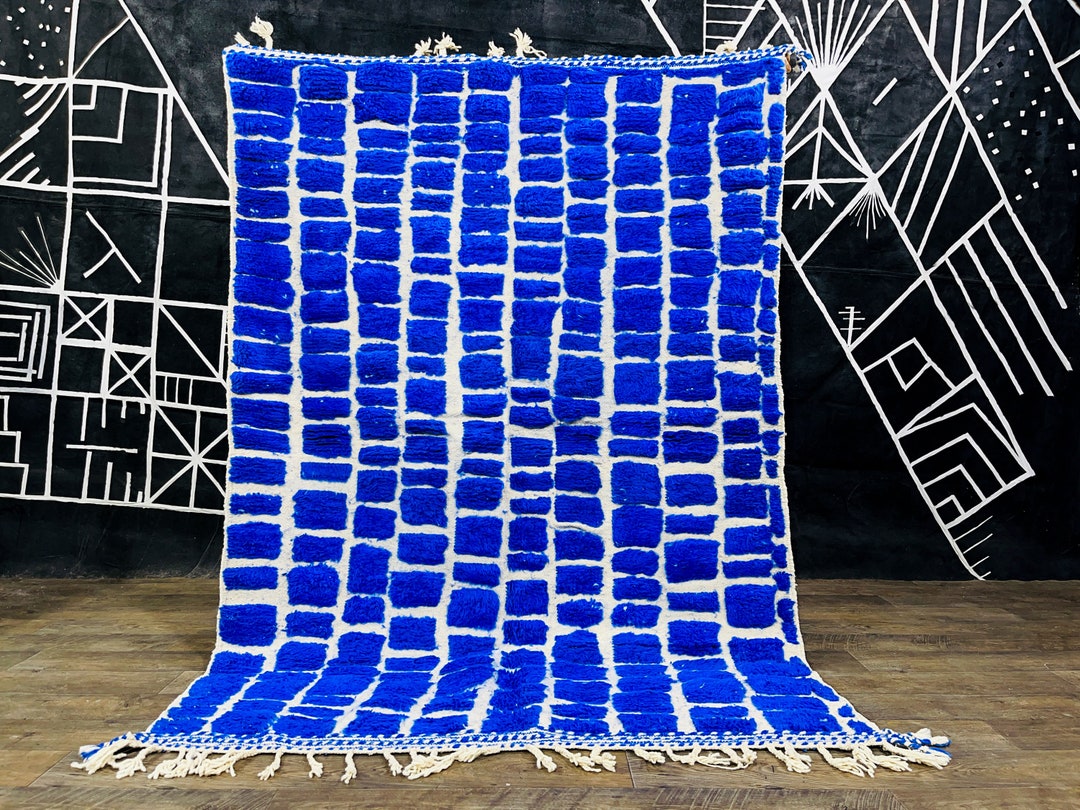 Abstract Blue Rug Moroccan Grid Rugs Beni Ourain Carpet Irregular Grid ...