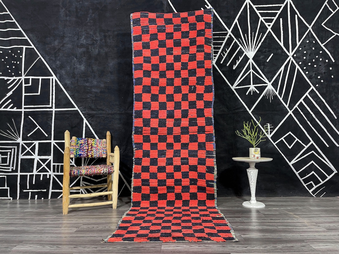 Checkered Runner Rug, Red and Black Handmade Checker Rugs, Moroccan ...