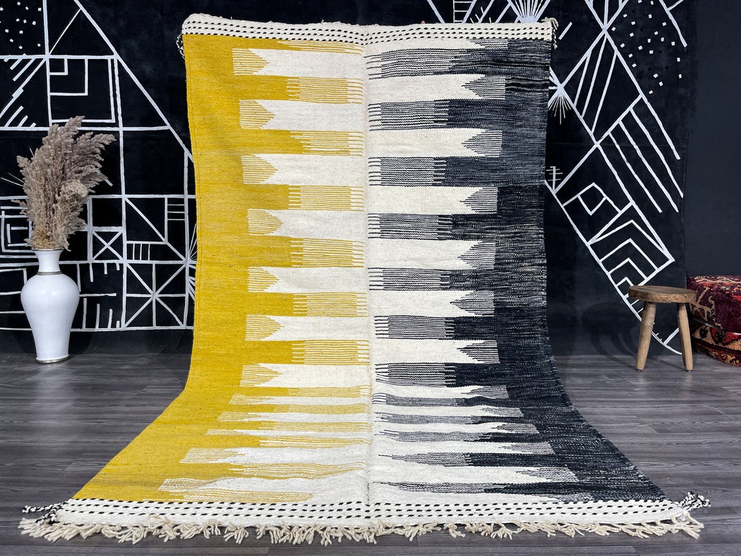 Abstract Black and Yellow Rug, Flat Kilim Rugs, Moroccan Hand Woven ...