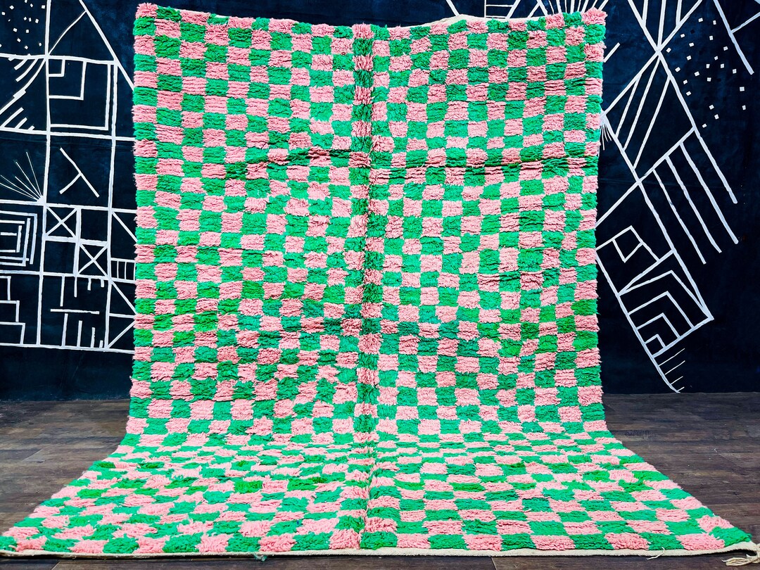 Large Green and Pink Checkered Rug- Custom Moroccan Carpet ...