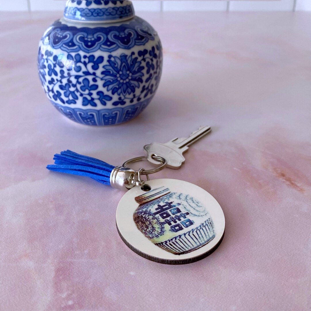 Ginger Jar Key Ring | Double Happiness | Key Chain | Key Fob | Blue ...