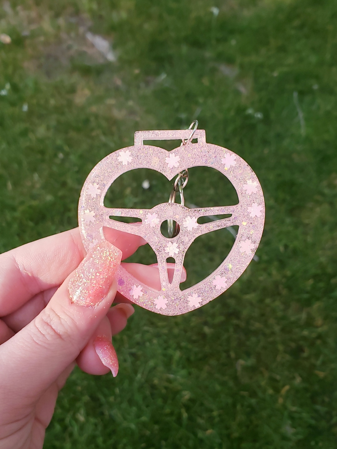 Pink Sakura Heart Steering Wheel JDM Keychain, Pink Tsurikawa Keychain ...